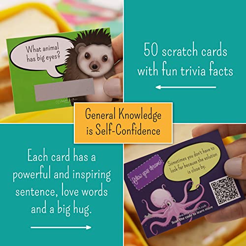 Smarti Scratch 50 Lunch box Trivia notes for kids, with QR code that will take them to expended answer & Inspirational and Motivational Thinking of You Notes Cards for Boys & Girls ages 6-8