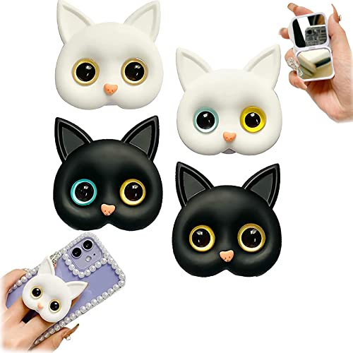 2/4Pack 3D Cute Kitten Phone Holder with Mini Mirror,Phone Grip with Small Makeup Mirror,Cute Cat Phone Folding Bracket,3D Cute Cat Cellphone Foldable Finger Grip Holder for All Smartphones (4Pcs)