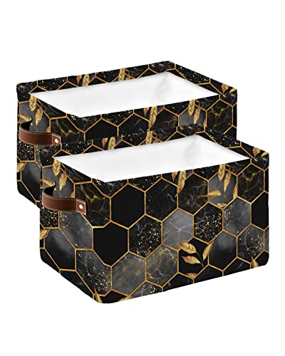 Marble Cube Storage Organizer Bins with Handles,15x11x9.5 Inch Collapsible Canvas Cloth Fabric Storage Basket,Black Gold Grey Grid Irregular Comb Plaid Geometric Books Kids' Toys Bin Boxes for Shelves