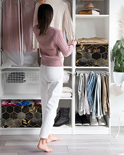 Marble Cube Storage Organizer Bins with Handles,15x11x9.5 Inch Collapsible Canvas Cloth Fabric Storage Basket,Black Gold Grey Grid Irregular Comb Plaid Geometric Books Kids' Toys Bin Boxes for Shelves