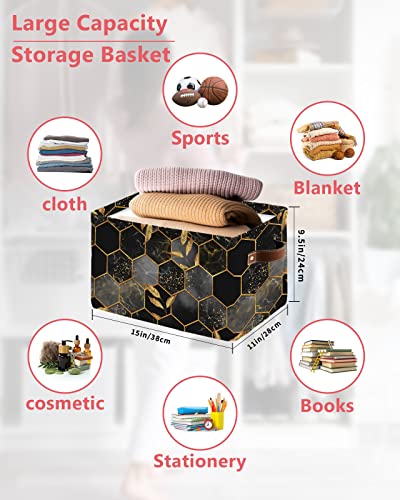 Marble Cube Storage Organizer Bins with Handles,15x11x9.5 Inch Collapsible Canvas Cloth Fabric Storage Basket,Black Gold Grey Grid Irregular Comb Plaid Geometric Books Kids' Toys Bin Boxes for Shelves