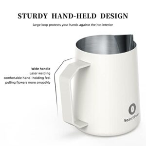 SearchPean 20oz Milk Frothing Pitcher, Stainless Steel Milk Frothing Pitcher, Milk Frother Cup Latte Art Barista Steam Pitchers Milk Jug Cup (600ml Latte Art) White