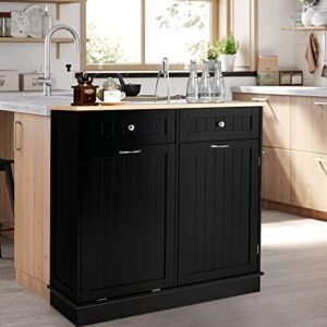 LOKO Tilt Out Trash Cabinet, Kitchen Trash Cabinet with 2 Drawers & Adjustable Shelf, Pet Proof Trash Can Cabinet with Rubber Wood Tabletop, 39.5 x 14 x 35.5 inches (Black)