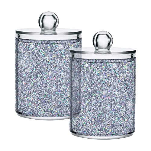 ALAZA 2 Pack Qtip Holder Dispenser Silver Glitter Bathroom Organizer Canisters for Cotton Balls/Swabs/Pads/Floss,Plastic Apothecary Jars for Vanity