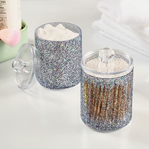 ALAZA 2 Pack Qtip Holder Dispenser Silver Glitter Bathroom Organizer Canisters for Cotton Balls/Swabs/Pads/Floss,Plastic Apothecary Jars for Vanity