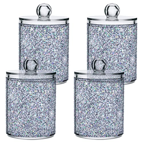 ALAZA 2 Pack Qtip Holder Dispenser Silver Glitter Bathroom Organizer Canisters for Cotton Balls/Swabs/Pads/Floss,Plastic Apothecary Jars for Vanity