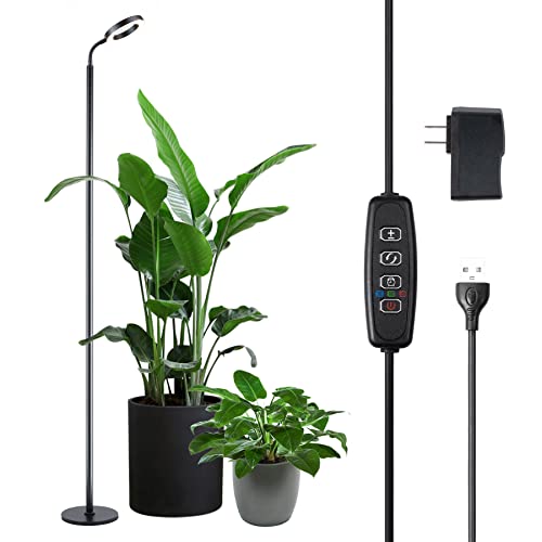 Full Spectrum Plant Grow Light, LED Halo Growing Lights with Stand, 63-inch Height Adjustable for Large Tall Small Plants, Automatic Timer, USB Charger Dimmable Growth Floor Lamp for Indoor