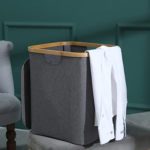 Laundry Basket Hamper with Lid 60L Collapsible Dirty Clothes Basket Organizer with Bamboo Handle Closet Storage Bin for Bedroom Bathroom Laundry Room, Grey