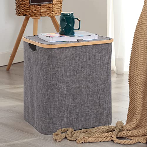 Laundry Basket Hamper with Lid 60L Collapsible Dirty Clothes Basket Organizer with Bamboo Handle Closet Storage Bin for Bedroom Bathroom Laundry Room, Grey