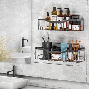 shower caddy shelves, adhesive shower organizer,rustproof stainless steel shower shelf for inside shower, no drilling rustproof bathroom shower caddy basket shelf with soap holder and 4 hooks (black)