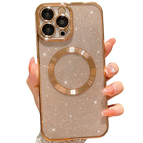 MGQILING Compatible with iPhone 12 Pro Max Magnetic Glitter Case, Luxury Plating Cute Bling Clear Phone Case, Compatible with MagSafe for Women Girls with Camera Protector Back Cover - Gold