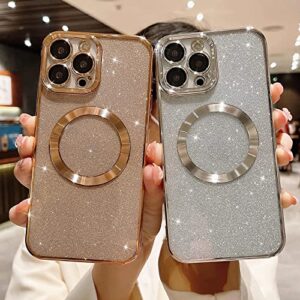 MGQILING Compatible with iPhone 12 Pro Max Magnetic Glitter Case, Luxury Plating Cute Bling Clear Phone Case, Compatible with MagSafe for Women Girls with Camera Protector Back Cover - Gold