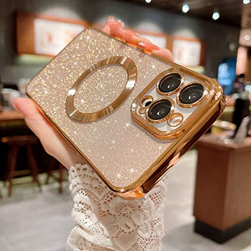 MGQILING Compatible with iPhone 12 Pro Max Magnetic Glitter Case, Luxury Plating Cute Bling Clear Phone Case, Compatible with MagSafe for Women Girls with Camera Protector Back Cover - Gold