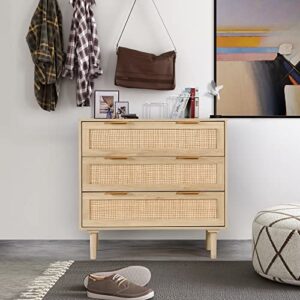 HOPUBUY 3 Drawer Dresser for Bedroom, Rattan Modern Closet Dressers Chest of Drawers, Wood Oak Storage Chest for Kids Bedroom, Hallway, Living Room