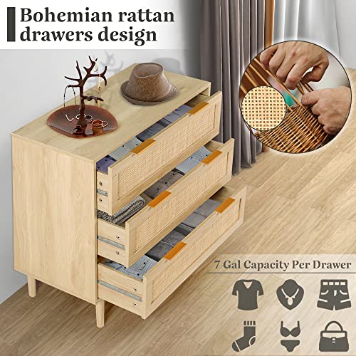 HOPUBUY 3 Drawer Dresser for Bedroom, Rattan Modern Closet Dressers Chest of Drawers, Wood Oak Storage Chest for Kids Bedroom, Hallway, Living Room