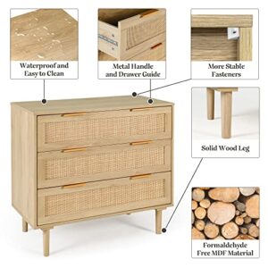 HOPUBUY 3 Drawer Dresser for Bedroom, Rattan Modern Closet Dressers Chest of Drawers, Wood Oak Storage Chest for Kids Bedroom, Hallway, Living Room