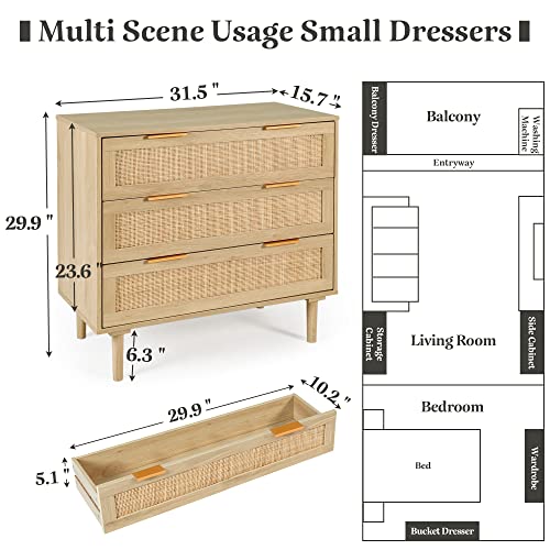 HOPUBUY 3 Drawer Dresser for Bedroom, Rattan Modern Closet Dressers Chest of Drawers, Wood Oak Storage Chest for Kids Bedroom, Hallway, Living Room