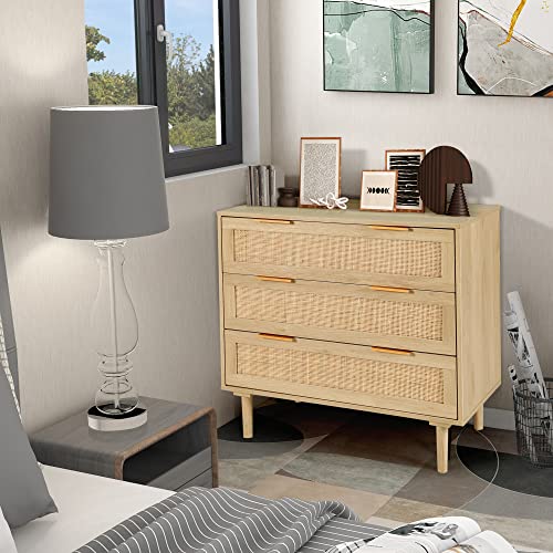 HOPUBUY 3 Drawer Dresser for Bedroom, Rattan Modern Closet Dressers Chest of Drawers, Wood Oak Storage Chest for Kids Bedroom, Hallway, Living Room