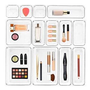 ravinte 13 pcs drawer organizer plastic storage bins, 5 - size kitchen drawer organizer with non-slip pads clear desk storage tray for makeup, jewelries, kitchen utensils and office