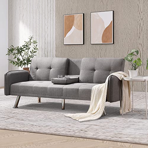 SoarFlash Twin Size Convertible Futon Sofa Bed Modern Loveseat Sofa for Living Room,Bedroom Upholstery Fabric Sleeper with Armrest and 2 Cup Holder,Light Grey