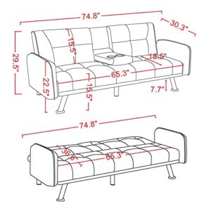 SoarFlash Twin Size Convertible Futon Sofa Bed Modern Loveseat Sofa for Living Room,Bedroom Upholstery Fabric Sleeper with Armrest and 2 Cup Holder,Light Grey