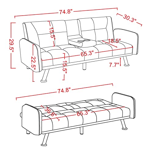 SoarFlash Twin Size Convertible Futon Sofa Bed Modern Loveseat Sofa for Living Room,Bedroom Upholstery Fabric Sleeper with Armrest and 2 Cup Holder,Light Grey