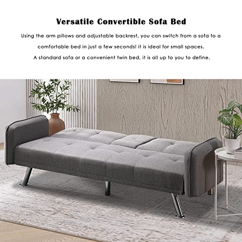 SoarFlash Twin Size Convertible Futon Sofa Bed Modern Loveseat Sofa for Living Room,Bedroom Upholstery Fabric Sleeper with Armrest and 2 Cup Holder,Light Grey