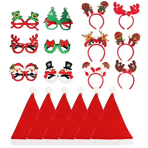 WWW 18 Pieces Christmas Party Costume Supplies, Christmas Glitter Party Glasses Frames Christmas Hat Christmas Headbands Christmas slap bracelets Set, 18 Pcs Assorted Design for for Christmas Party Favors Xmas Photo Booth Props