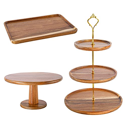 Set of 3,Lwhaoye Acacia Wood Dessert Stands Table Display Set,Tall 12 inch Rustic Dessert Cup Cake Stand for Weddings Birthdays Holidays Housewarming