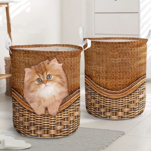 Persian Cat Laundry Basket, Persian Cat And Rattan Teaxture Laundry Hamper With Handle, Persian Cat Clothes Laundry Basket, Gift Cat Lover, Printing Large Laundry Hamper For Bedroom, Bathroom, Nursery