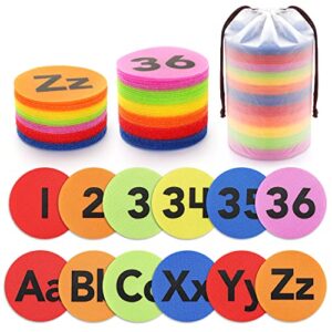 carpet markers 62 pcs - 36 pcs multicolor numbers (1-36) spot markers + 26 pcs letters (a-z) carpet dots for classroom, carpet marker spots circles dots for kids, teachers, preschool and kindergarten