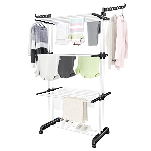 Clothes Drying Rack, 4-Tier Oversize Collapsible Clothes Drying Rack,Stainless Steel Laundry Garment Dryer Stand Stainless Steel Free-Standing Laundry Stand for Towels, Clothes, Shoes, Black & White