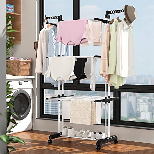 Clothes Drying Rack, 4-Tier Oversize Collapsible Clothes Drying Rack,Stainless Steel Laundry Garment Dryer Stand Stainless Steel Free-Standing Laundry Stand for Towels, Clothes, Shoes, Black & White