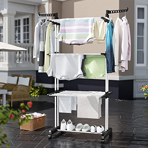 Clothes Drying Rack, 4-Tier Oversize Collapsible Clothes Drying Rack,Stainless Steel Laundry Garment Dryer Stand Stainless Steel Free-Standing Laundry Stand for Towels, Clothes, Shoes, Black & White