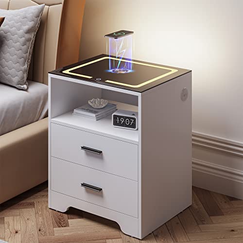 Nightstands, Smart Nightstand with Wireless Charging Station, Modern 3 Color LED Lights Infinitely Dimmable USB Port Nightstand, Bedside Table with 2 Drawer Storage Cabinet for Bedroom - White