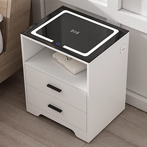 Nightstands, Smart Nightstand with Wireless Charging Station, Modern 3 Color LED Lights Infinitely Dimmable USB Port Nightstand, Bedside Table with 2 Drawer Storage Cabinet for Bedroom - White