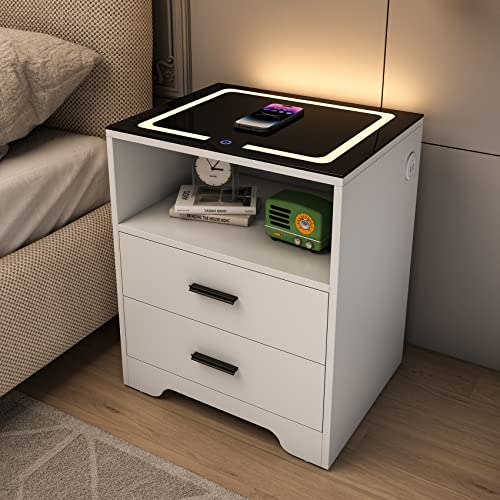 Nightstands, Smart Nightstand with Wireless Charging Station, Modern 3 Color LED Lights Infinitely Dimmable USB Port Nightstand, Bedside Table with 2 Drawer Storage Cabinet for Bedroom - White