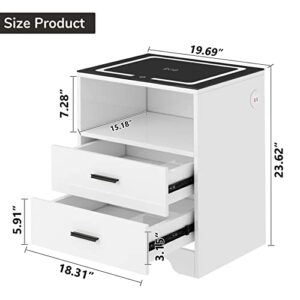 Nightstands, Smart Nightstand with Wireless Charging Station, Modern 3 Color LED Lights Infinitely Dimmable USB Port Nightstand, Bedside Table with 2 Drawer Storage Cabinet for Bedroom - White