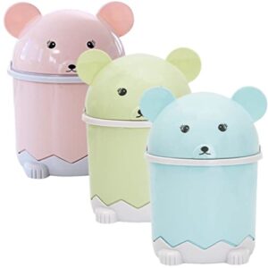 operitacx 3pcs plastic mini wastebasket trash can with swing lid tiny desktop waste garbage bin for home office kitchen vanity tabletop bedroom bathroom blue green pink