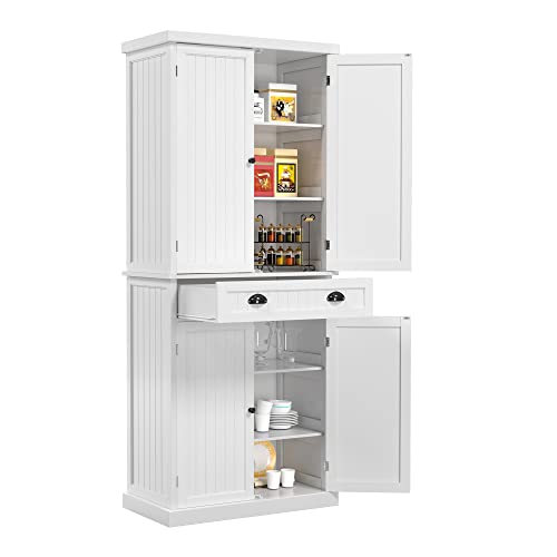 Yusong 72'' Tall Kitchen Pantry Cabinet, Farmhouse Storage Cabinet with 4 Doors, Drawer and Adjustable Shelf, Freestanding Wooden Cupboard Buffet for Home Dining Room Living Room Entryway, White