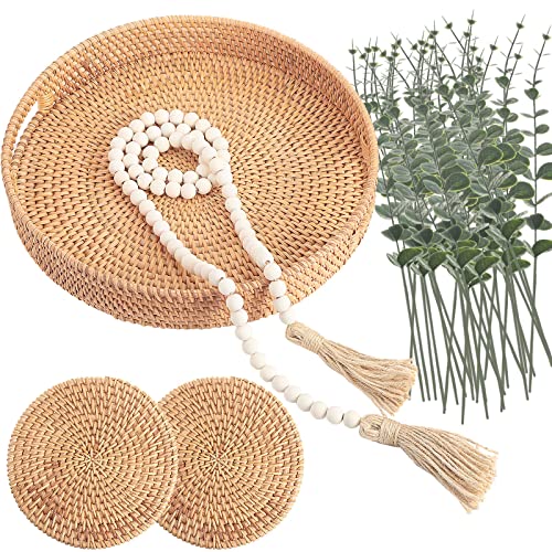 Round Rattan Serving Tray Woven Basket Tray 13.8 Inch Wicker Coffee Table Decorative Tray with Handles 2 Pcs Coasters 1 Pcs Rustic Wood Bead Garland 24 Pcs Eucalyptus Stems for Wedding Home Decor