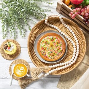 Round Rattan Serving Tray Woven Basket Tray 13.8 Inch Wicker Coffee Table Decorative Tray with Handles 2 Pcs Coasters 1 Pcs Rustic Wood Bead Garland 24 Pcs Eucalyptus Stems for Wedding Home Decor