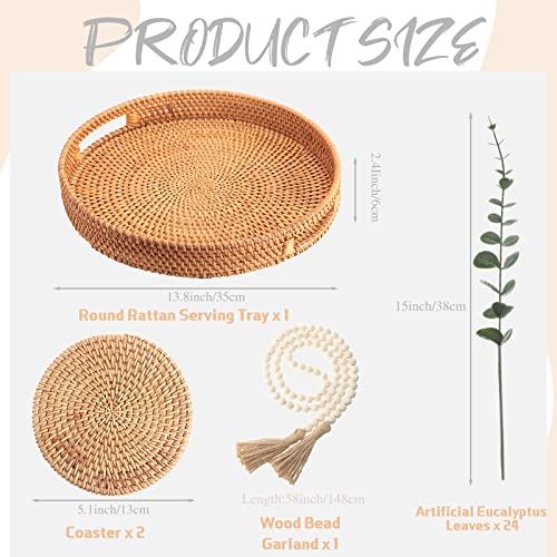 Round Rattan Serving Tray Woven Basket Tray 13.8 Inch Wicker Coffee Table Decorative Tray with Handles 2 Pcs Coasters 1 Pcs Rustic Wood Bead Garland 24 Pcs Eucalyptus Stems for Wedding Home Decor