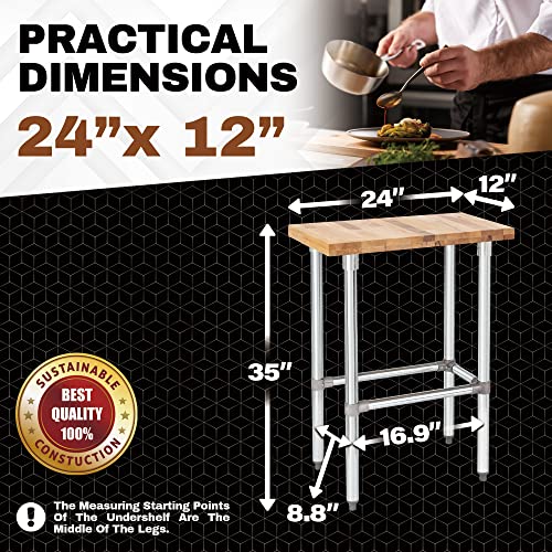 DuraSteel US Maple Top Work Table - 24 x 12 x 35 Inch Commercial Butcher Block Wooden Workbench with Open Base Stabilizing Leg Cross Braces - Fits Restaurant, Warehouse, Home, Kitchen, Garage