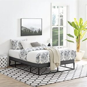 classic brands capri black metal platform bed frame with built-in grey upholstered mattress foundation, queen