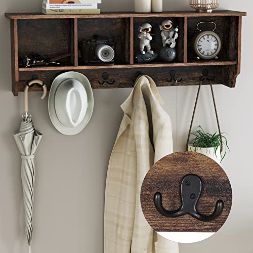 finetones Wall-Mounted Coat Rack with 6 Dual Hooks and 4 Storage Cubbies, Entryway Floating Hanging Shelf Cubby Coat Rack Organizer for Bathroom, Living Room, Kitchen, Rustic Brown