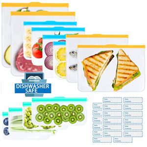 dishwasher safe reusable food storage silicone bpa-free, 2 reusable gallon freezer bags, 2 reusable sandwich bags, 4 reusable food storage bags, 4 reusable snack bagstriple zip closures 100% leakproof (12pcs)