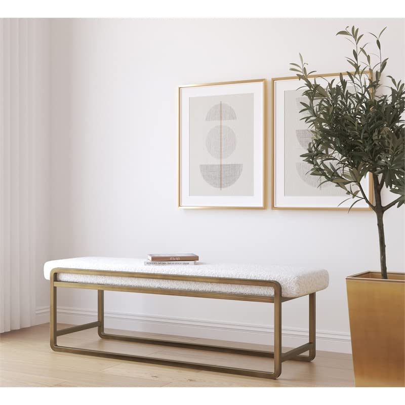 American Home Classic Cole Modern Stainless Steel/Boucle Bench in Brass/Ivory