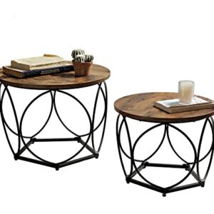 Round Coffee Table, Modern Coffee Table Set of 2 Wooden Surface with Metal Frame, Small Side Table, End Table for Living Room, Bedroom, Home Office, Farmhouse, Rustic Brown and Black