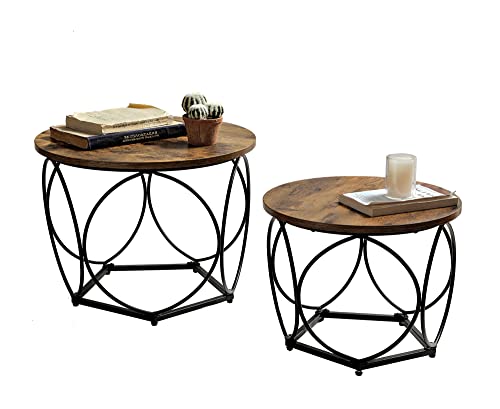 Round Coffee Table, Modern Coffee Table Set of 2 Wooden Surface with Metal Frame, Small Side Table, End Table for Living Room, Bedroom, Home Office, Farmhouse, Rustic Brown and Black